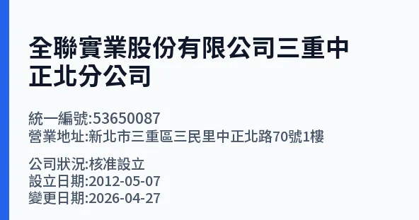 全聯實業股份有限公司三重中正北分公司的照片-統編 53650087(新北市) 公司登記資料與營業項目詳細圖表