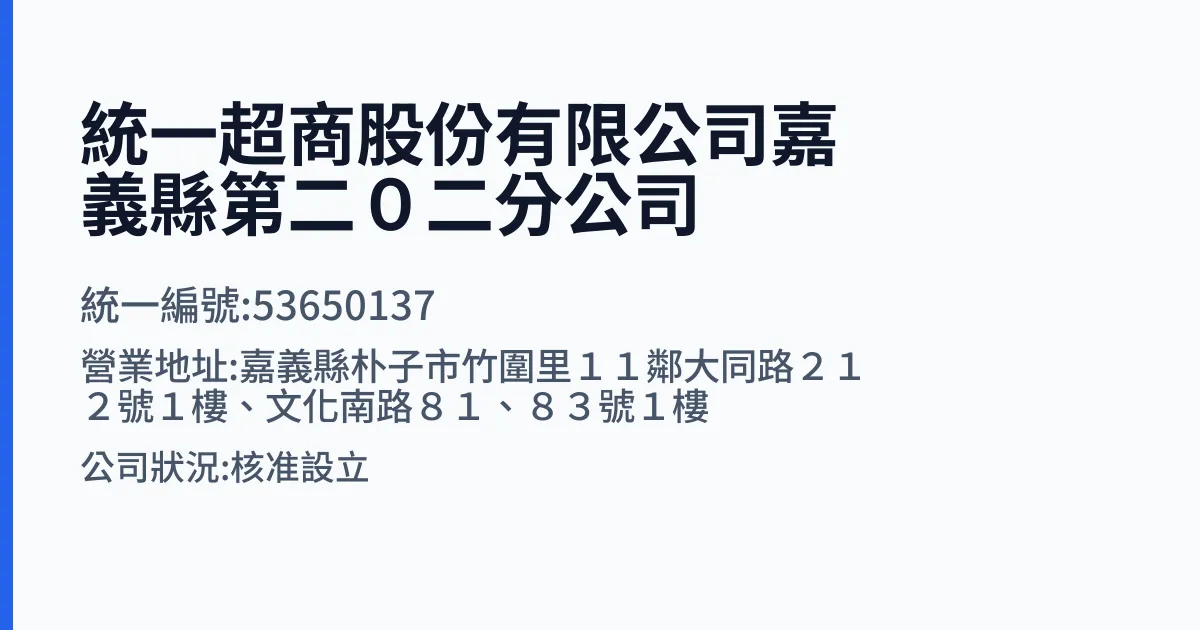 統一超商股份有限公司嘉義縣第二0二分公司 - 統編 53650137(嘉義縣) 公司登記資料與營業項目詳細圖表