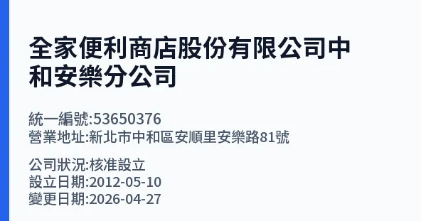 全家便利商店股份有限公司中和安樂分公司的照片-統編 53650376(新北市) 公司登記資料與營業項目詳細圖表