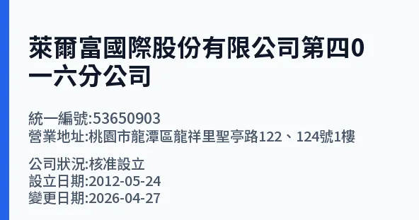 萊爾富國際股份有限公司第四0一六分公司的照片-統編 53650903(桃園市) 公司登記資料與營業項目詳細圖表