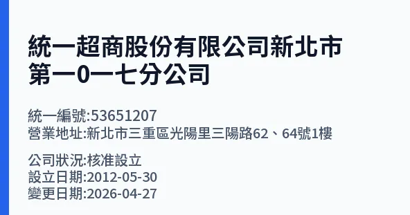 統一超商股份有限公司新北市第一0一七分公司的照片-統編 53651207(新北市) 公司登記資料與營業項目詳細圖表