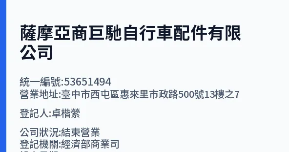 薩摩亞商巨馳自行車配件有限公司的照片-統編 53651494(臺中市) 公司登記資料與營業項目詳細圖表