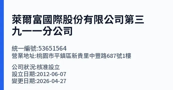 萊爾富國際股份有限公司第三九一一分公司的照片-統編 53651564(桃園市) 公司登記資料與營業項目詳細圖表