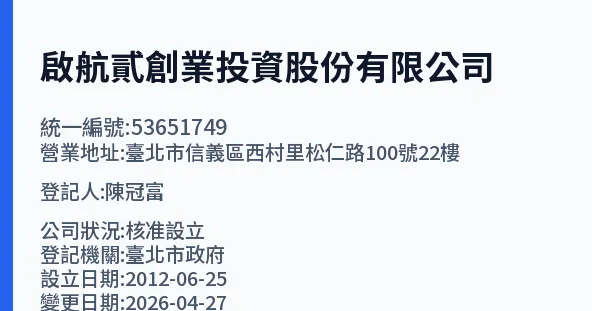 啟航貳創業投資股份有限公司的照片-統編 53651749(臺北市) 公司登記資料與營業項目詳細圖表