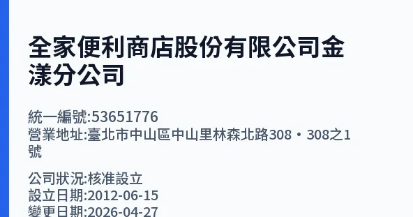 全家便利商店股份有限公司金漾分公司的照片-統編 53651776(臺北市) 公司登記資料與營業項目詳細圖表