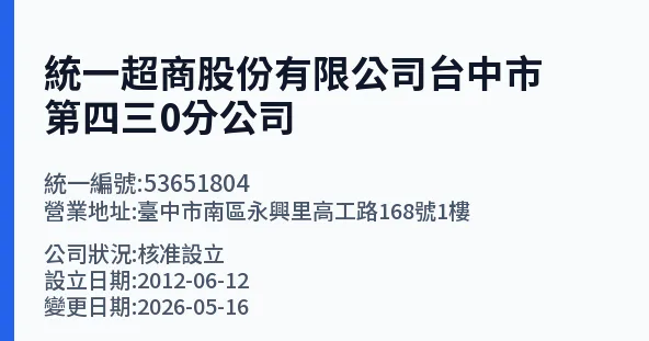 統一超商股份有限公司台中市第四三0分公司的照片-統編 53651804(臺中市) 公司登記資料與營業項目詳細圖表
