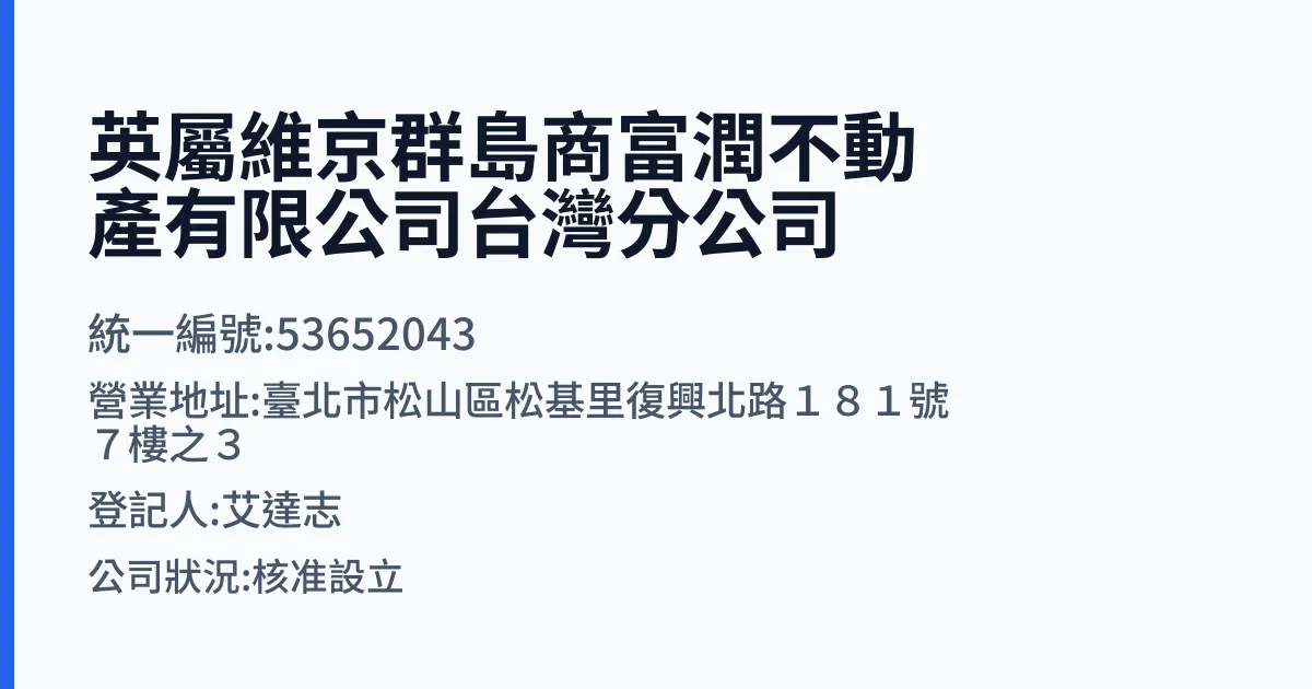 英屬維京群島商富潤不動產有限公司台灣分公司 - 統編 53652043(臺北市) 公司登記資料與營業項目詳細圖表