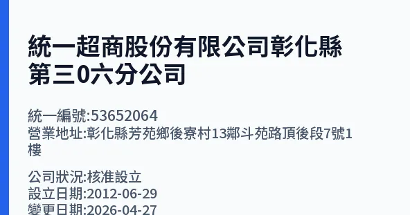 統一超商股份有限公司彰化縣第三0六分公司的照片-統編 53652064(彰化縣) 公司登記資料與營業項目詳細圖表