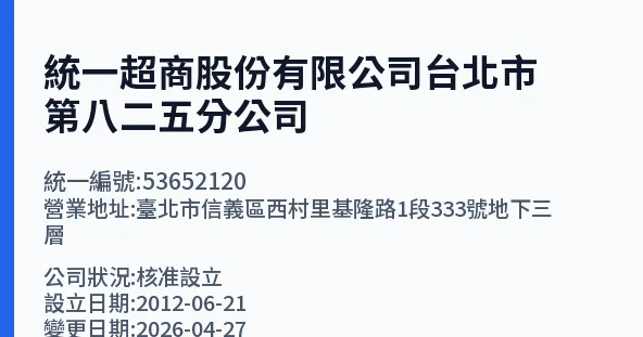 統一超商股份有限公司台北市第八二五分公司的照片-統編 53652120(臺北市) 公司登記資料與營業項目詳細圖表