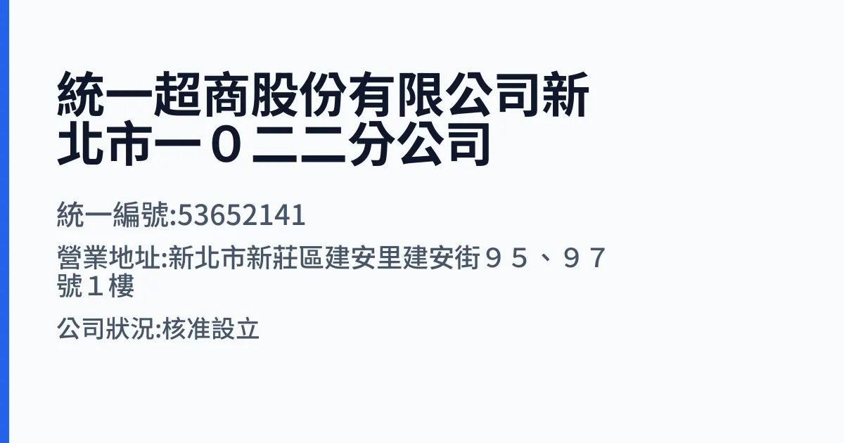 統一超商股份有限公司新北市一０二二分公司 - 統編 53652141(新北市) 公司登記資料與營業項目詳細圖表