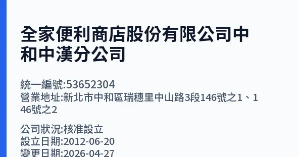 全家便利商店股份有限公司中和中漢分公司的照片-統編 53652304(新北市) 公司登記資料與營業項目詳細圖表