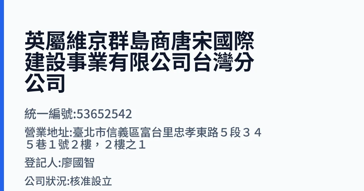 英屬維京群島商唐宋國際建設事業有限公司台灣分公司 - 統編 53652542(臺北市) 公司登記資料與營業項目詳細圖表