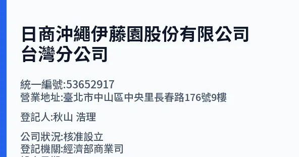 日商沖繩伊藤園股份有限公司台灣分公司的照片-統編 53652917(臺北市) 公司登記資料與營業項目詳細圖表
