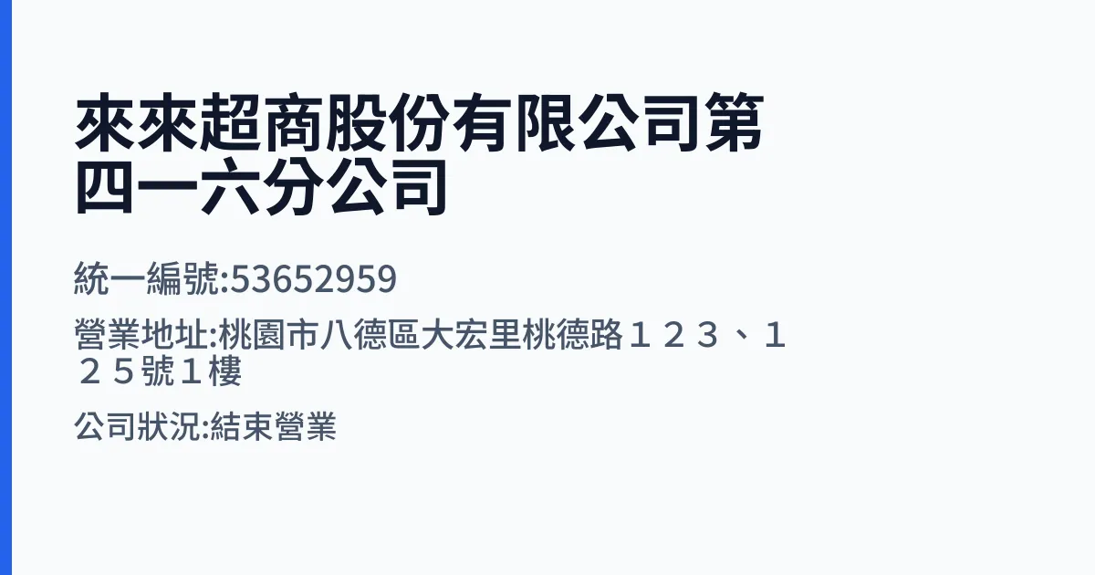 來來超商股份有限公司第四一六分公司 - 統編 53652959(桃園市) 公司登記資料與營業項目詳細圖表