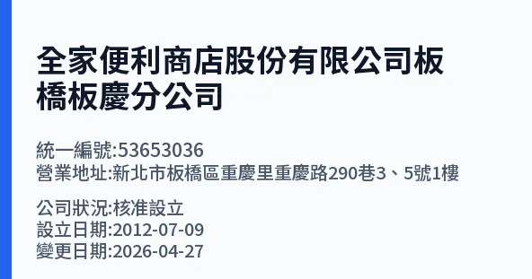 全家便利商店股份有限公司板橋板慶分公司的照片-統編 53653036(新北市) 公司登記資料與營業項目詳細圖表