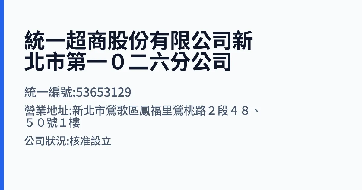 統一超商股份有限公司新北市第一０二六分公司 - 統編 53653129(新北市) 公司登記資料與營業項目詳細圖表