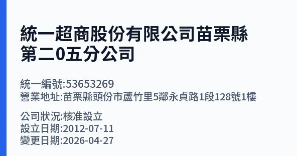 統一超商股份有限公司苗栗縣第二0五分公司的照片-統編 53653269(苗栗縣) 公司登記資料與營業項目詳細圖表