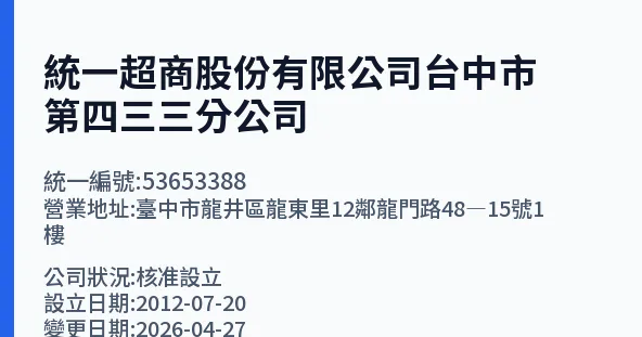 統一超商股份有限公司台中市第四三三分公司的照片-統編 53653388(臺中市) 公司登記資料與營業項目詳細圖表