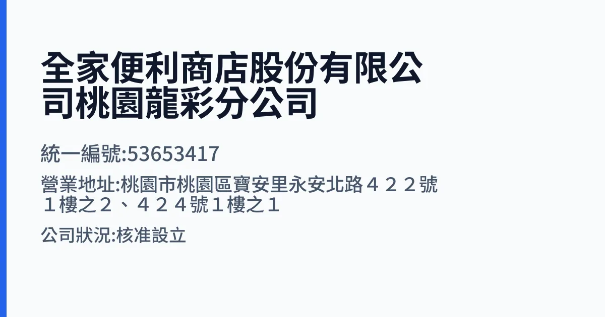 全家便利商店股份有限公司桃園龍彩分公司 - 統編 53653417(桃園市) 公司登記資料與營業項目詳細圖表