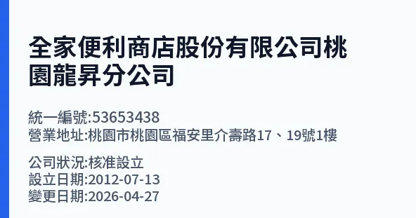 全家便利商店股份有限公司桃園龍昇分公司的照片-統編 53653438(桃園市) 公司登記資料與營業項目詳細圖表