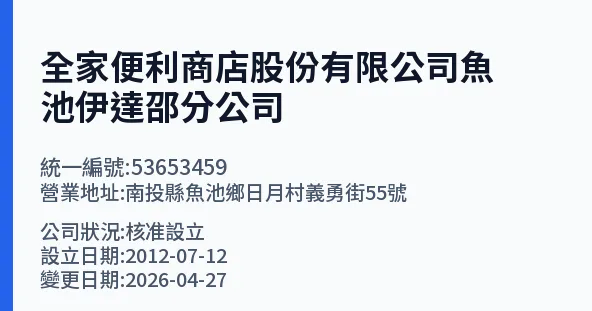 全家便利商店股份有限公司魚池伊達邵分公司的照片-統編 53653459(南投縣) 公司登記資料與營業項目詳細圖表
