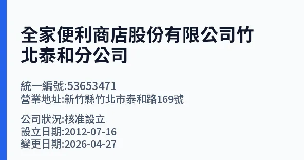 全家便利商店股份有限公司竹北泰和分公司的照片-統編 53653471(新竹縣) 公司登記資料與營業項目詳細圖表