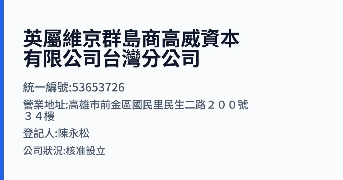 英屬維京群島商高威資本有限公司台灣分公司 - 統編 53653726(高雄市) 公司登記資料與營業項目詳細圖表