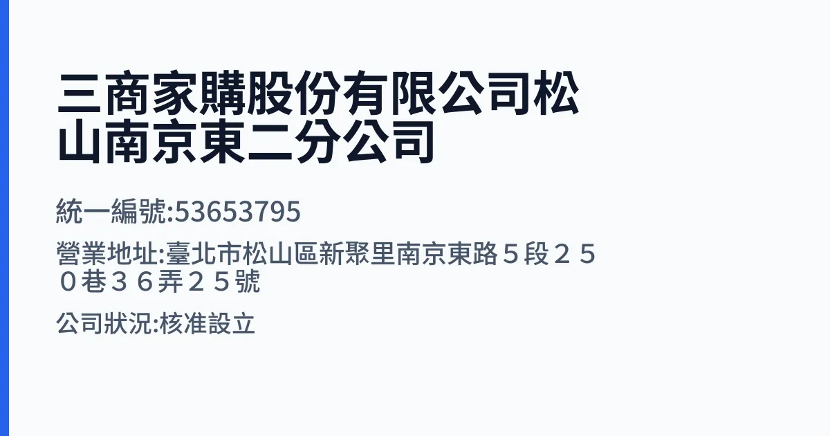 三商家購股份有限公司松山南京東二分公司 - 統編 53653795(臺北市) 公司登記資料與營業項目詳細圖表