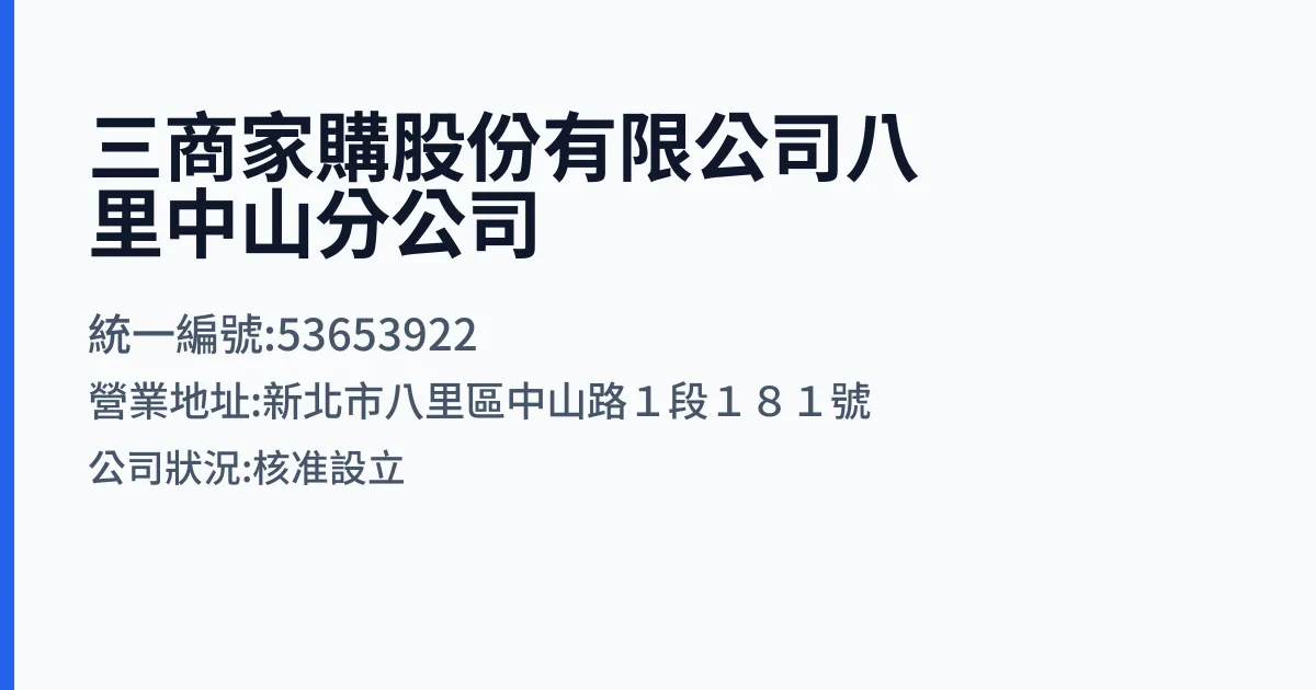 三商家購股份有限公司八里中山分公司 - 統編 53653922(新北市) 公司登記資料與營業項目詳細圖表
