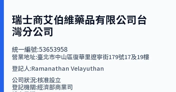 瑞士商艾伯維藥品有限公司台灣分公司的照片-統編 53653958(臺北市) 公司登記資料與營業項目詳細圖表
