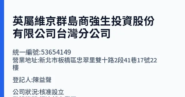 英屬維京群島商強生投資股份有限公司台灣分公司的照片-統編 53654149(新北市) 公司登記資料與營業項目詳細圖表
