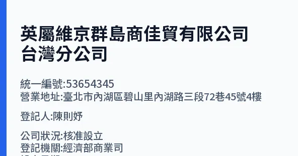 英屬維京群島商佳貿有限公司台灣分公司的照片-統編 53654345(臺北市) 公司登記資料與營業項目詳細圖表