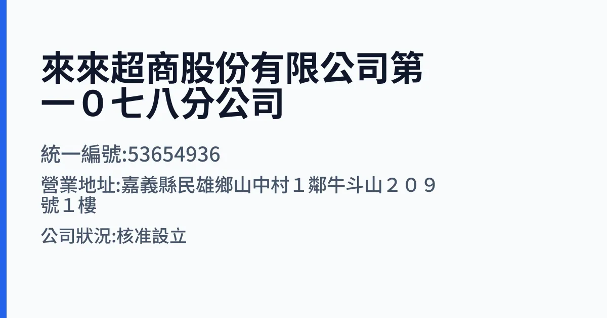 來來超商股份有限公司第一０七八分公司 - 統編 53654936(嘉義縣) 公司登記資料與營業項目詳細圖表