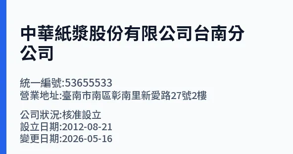 中華紙漿股份有限公司台南分公司的照片-統編 53655533(臺南市) 公司登記資料與營業項目詳細圖表