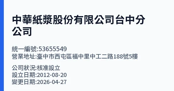 中華紙漿股份有限公司台中分公司的照片-統編 53655549(臺中市) 公司登記資料與營業項目詳細圖表