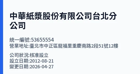 中華紙漿股份有限公司台北分公司的照片-統編 53655554(臺北市) 公司登記資料與營業項目詳細圖表