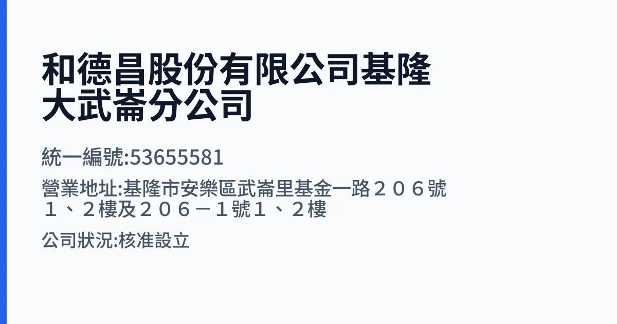 和德昌股份有限公司基隆大武崙分公司 - 統編 53655581(基隆市) 公司登記資料與營業項目詳細圖表