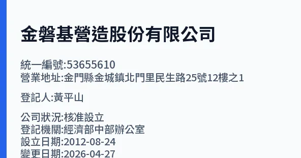金磐基營造股份有限公司的照片-統編 53655610(金門縣) 公司登記資料與營業項目詳細圖表