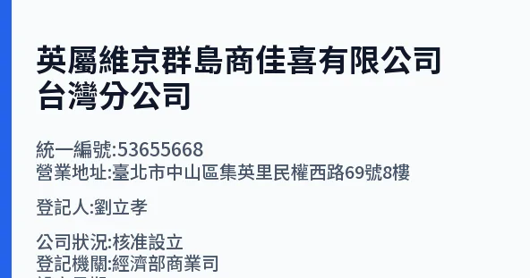 英屬維京群島商佳喜有限公司台灣分公司的照片-統編 53655668(臺北市) 公司登記資料與營業項目詳細圖表