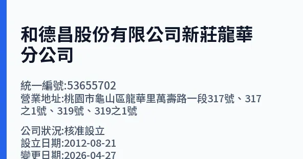 和德昌股份有限公司新莊龍華分公司的照片-統編 53655702(桃園市) 公司登記資料與營業項目詳細圖表