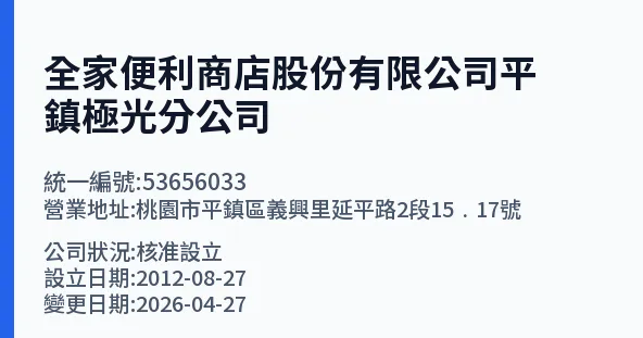 全家便利商店股份有限公司平鎮極光分公司的照片-統編 53656033(桃園市) 公司登記資料與營業項目詳細圖表