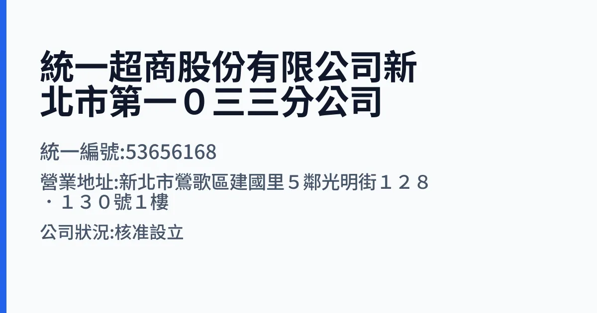 統一超商股份有限公司新北市第一０三三分公司 - 統編 53656168(新北市) 公司登記資料與營業項目詳細圖表