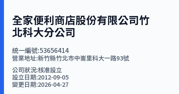 全家便利商店股份有限公司竹北科大分公司的照片-統編 53656414(新竹縣) 公司登記資料與營業項目詳細圖表