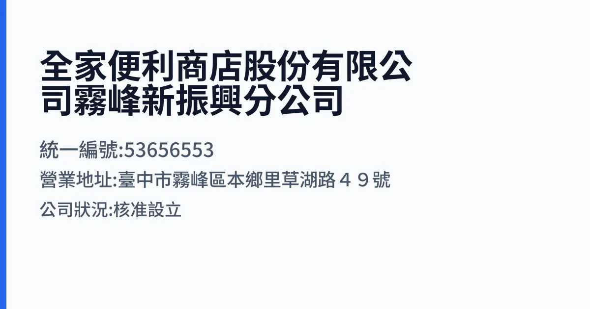 全家便利商店股份有限公司霧峰新振興分公司 - 統編 53656553(臺中市) 公司登記資料與營業項目詳細圖表