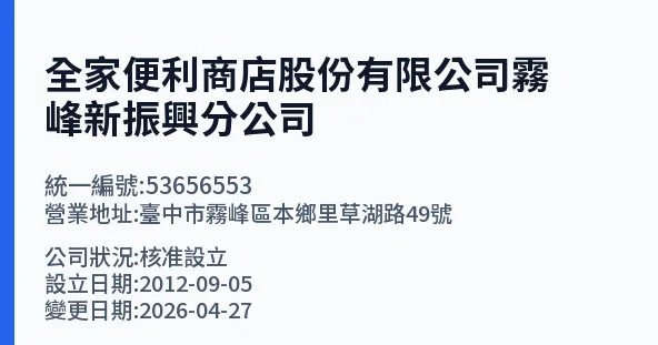 全家便利商店股份有限公司霧峰新振興分公司的照片-統編 53656553(臺中市) 公司登記資料與營業項目詳細圖表