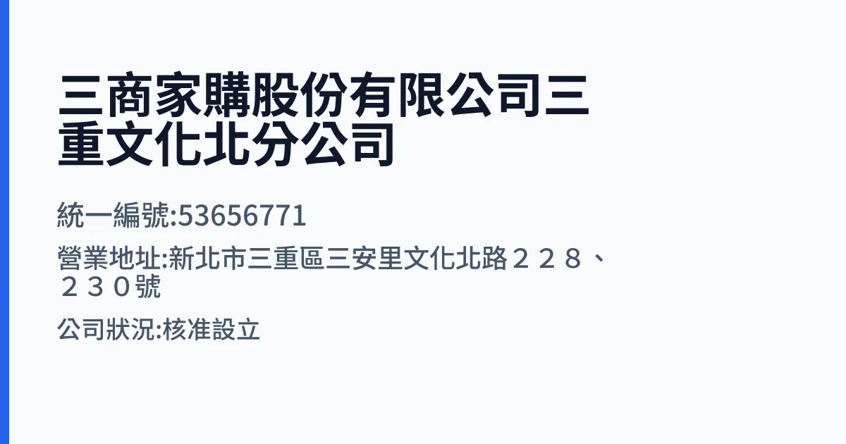 三商家購股份有限公司三重文化北分公司 - 統編 53656771(新北市) 公司登記資料與營業項目詳細圖表