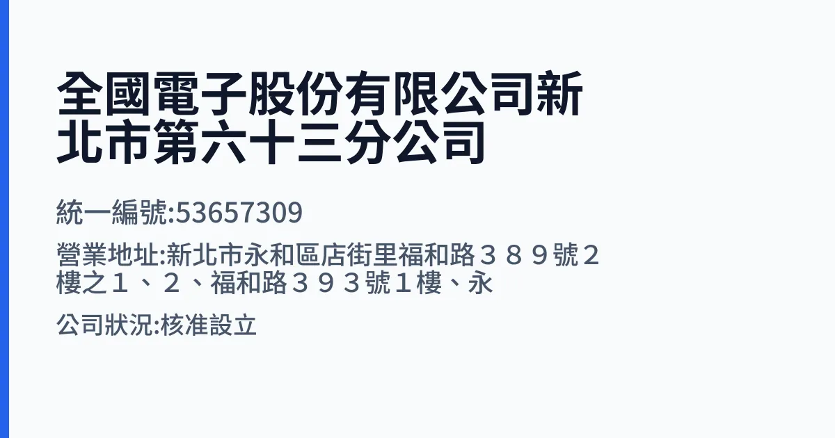 全國電子股份有限公司新北市第六十三分公司 - 統編 53657309(新北市) 公司登記資料與營業項目詳細圖表