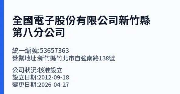 全國電子股份有限公司新竹縣第八分公司的照片-統編 53657363(新竹縣) 公司登記資料與營業項目詳細圖表