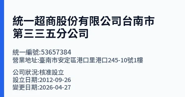 統一超商股份有限公司台南市第三三五分公司的照片-統編 53657384(臺南市) 公司登記資料與營業項目詳細圖表