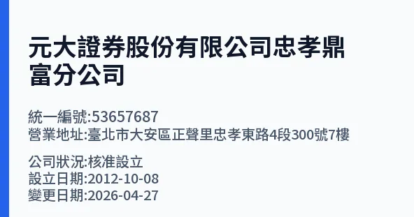 元大證券股份有限公司忠孝鼎富分公司的照片-統編 53657687(臺北市) 公司登記資料與營業項目詳細圖表